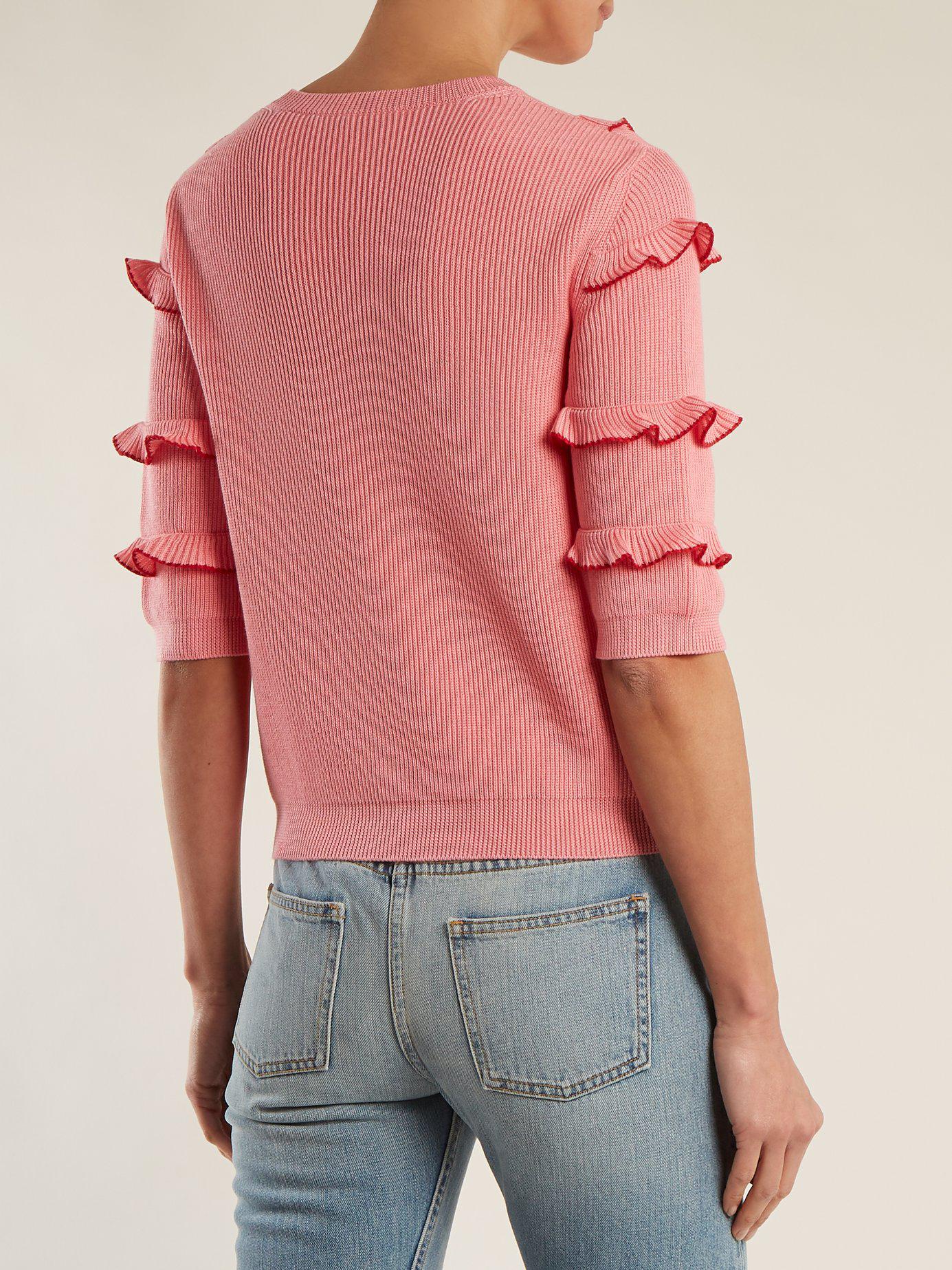 Valentino Ruffle Trimmed Ribbed Knit Cotton Sweater in Pink - Lyst