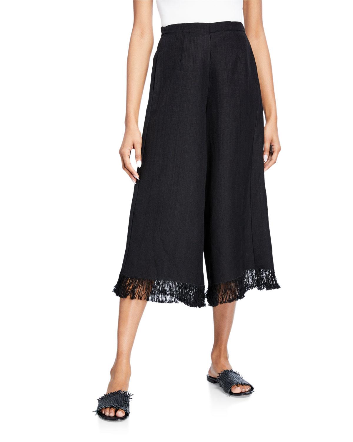 Lyst - Forte Forte Cropped Linen-viscose Wide-leg Fringe Pants in Black