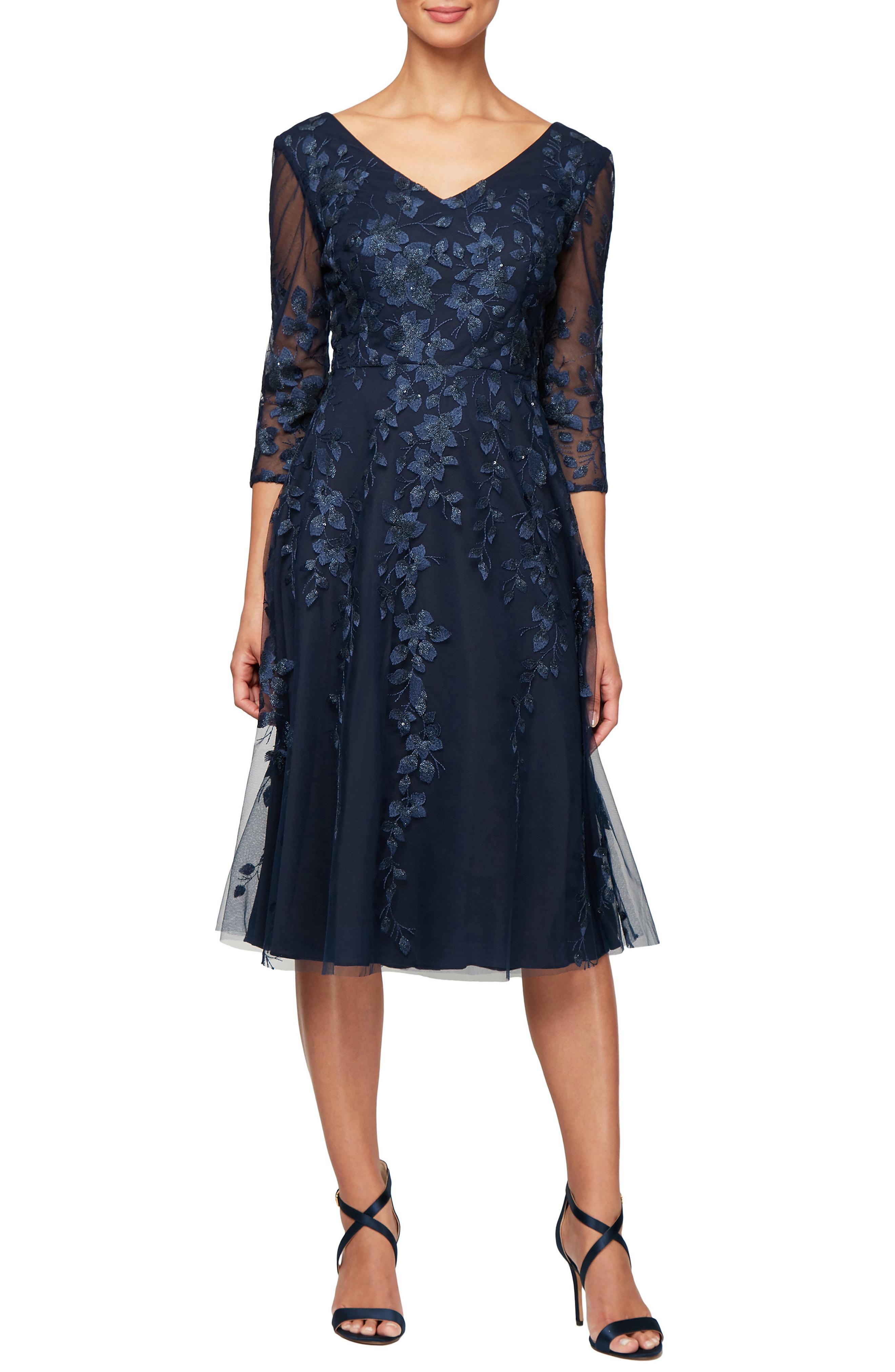 Lyst - Alex Evenings V-neck Embroidered Mesh Cocktail Dress in Blue