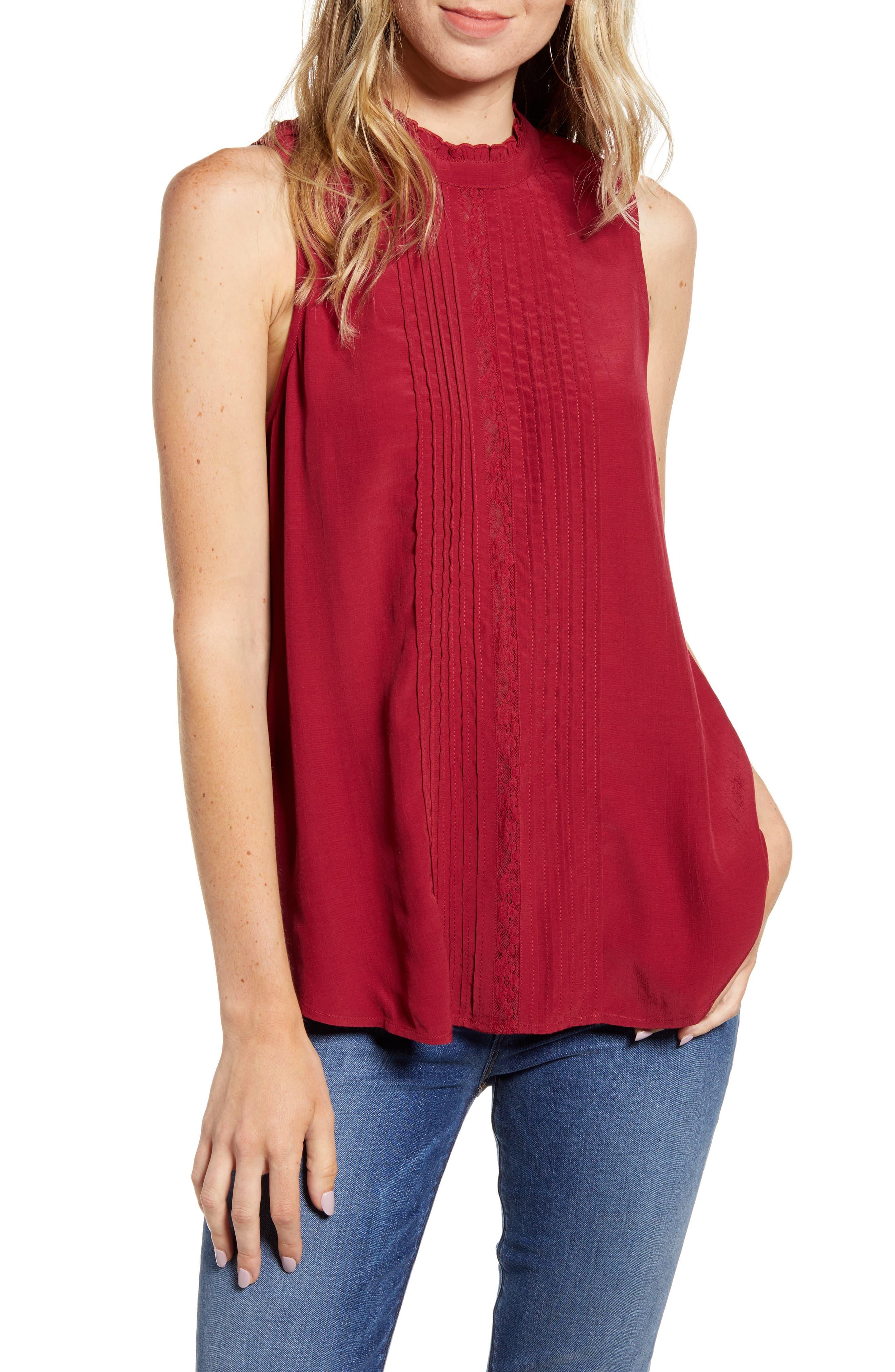 Chelsea28 Ruffle & Lace Sleeveless Top in Red - Lyst