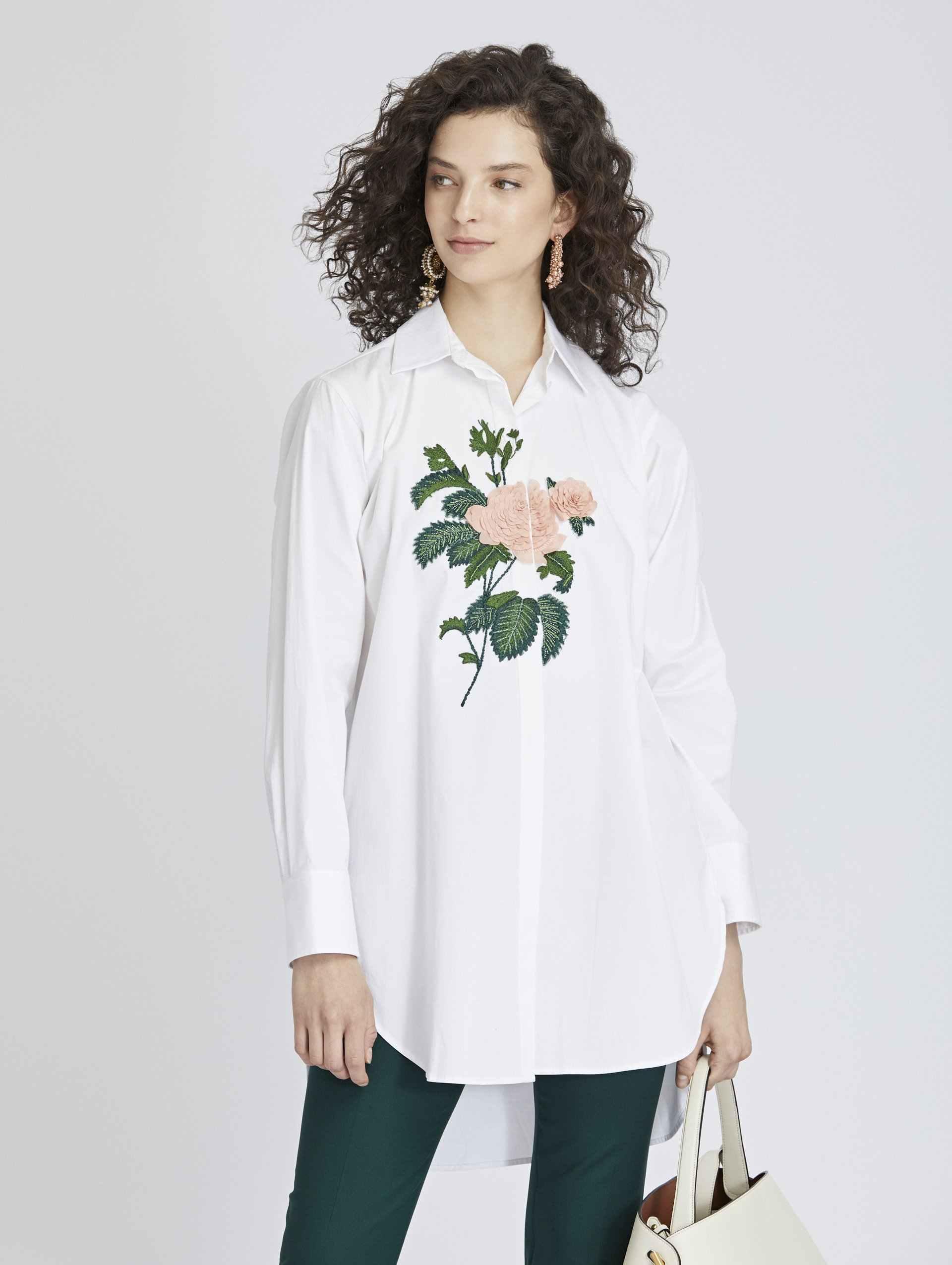 Oscar de la Renta Cotton Rose-embroidered Button-front Blouse in White ...