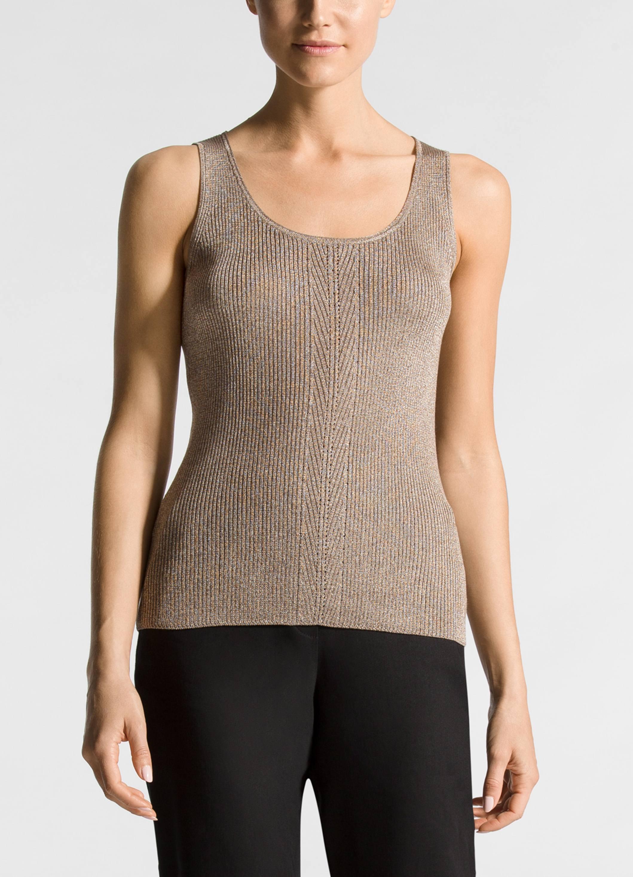 St John Chevron Rib Knit Scoop Neck Shell In Dark Beige Melange