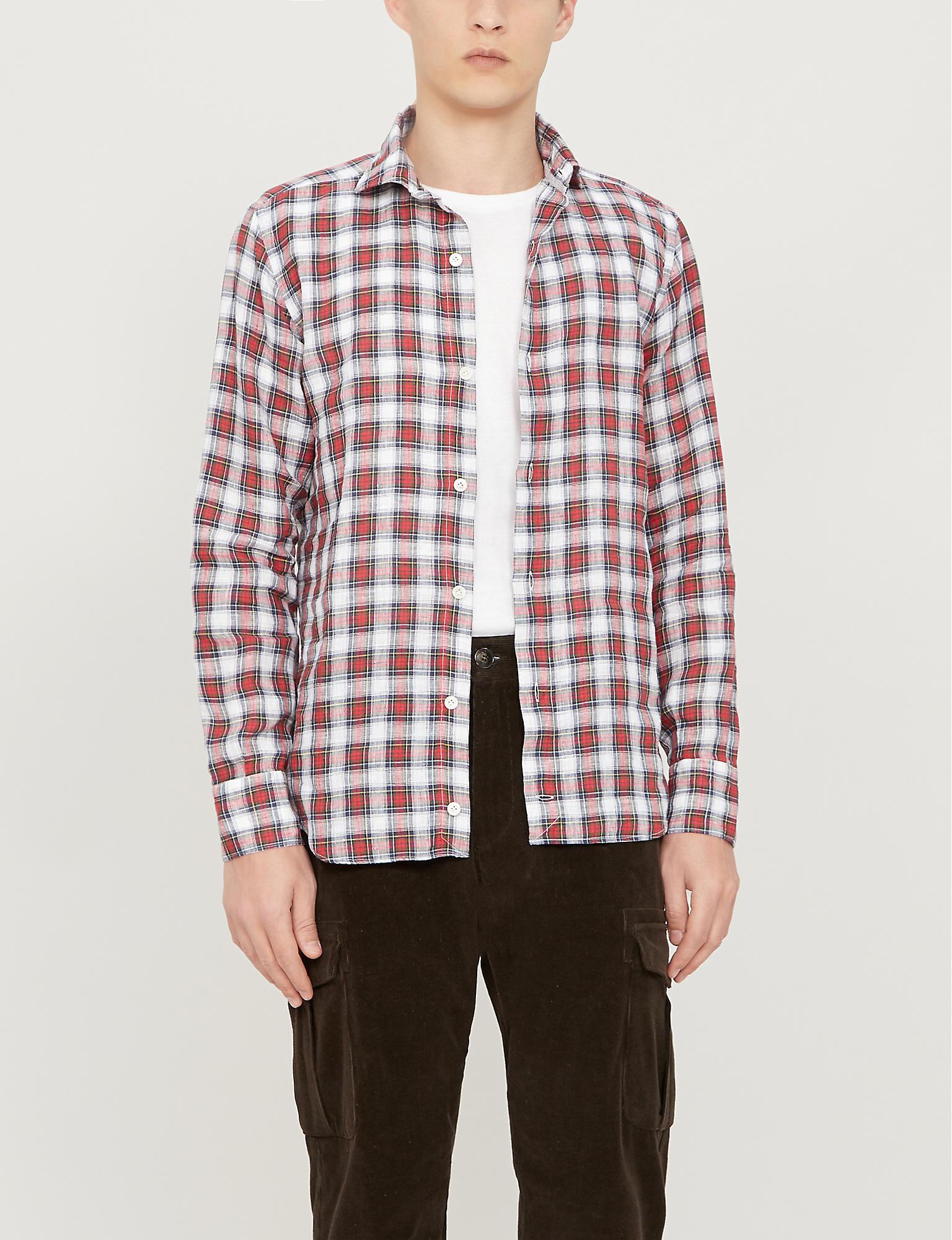 Eleventy Checked Regular-fit Linen Shirt in Red for Men - Lyst