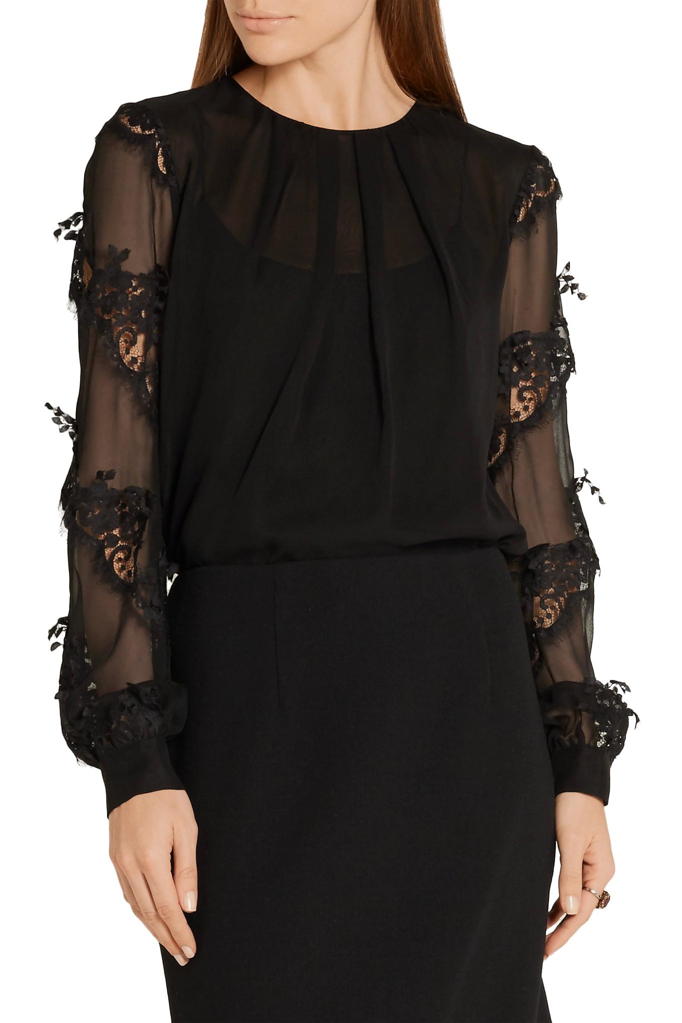 Lyst - Oscar de la Renta Lace-appliquéd Silk-chiffon Blouse in Black